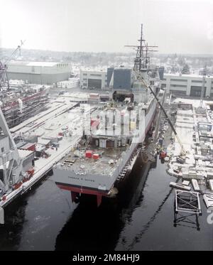 An elevated starboard quarter view of the guided missile destroyer USS ...