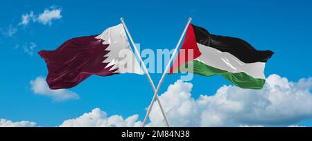 Palestine and Qatar flags. 3D Waving flag design. Palestine Qatar flag ...