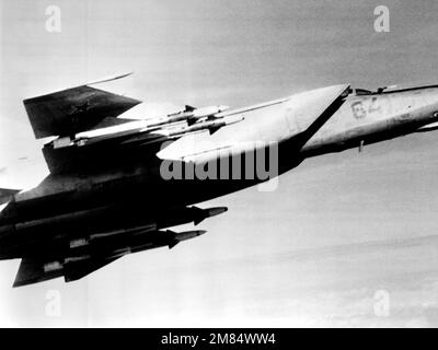 An air-to-air right underside view of a Soviet MiG-29 Fulcrum aircraft ...