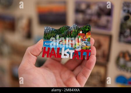 Hallstatt (Austria) souvenir refrigerator magnet isolated on white ...