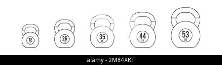 Black outline icon set kettlebells. Different weights and sizes: 8, 12 ...