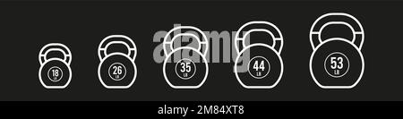 White outline icon set kettlebells. Different weights and sizes: 8, 12 ...