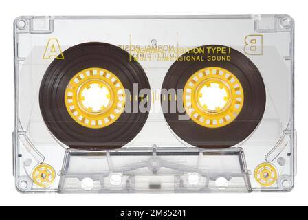 Transparent audio cassette on a white background. Analog audio ...
