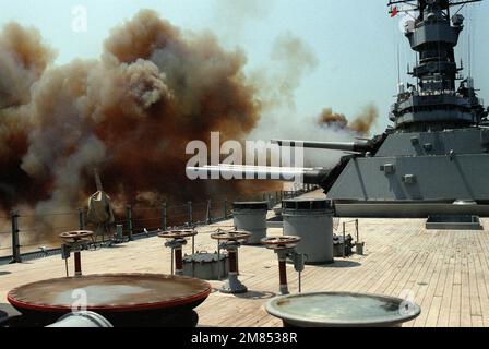 The three Mark 7 16-inch/50-caliber gun turrets of the battleship USS ...