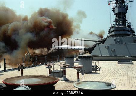 The three Mark 7 16-inch/50-caliber gun turrets of the battleship USS ...