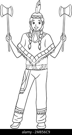 Native American Indian With Tomahawk Coloring Page Stock Vector Image ...