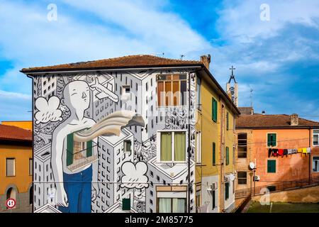 View of Piazza Semproni with the mural of street artist Millo ...