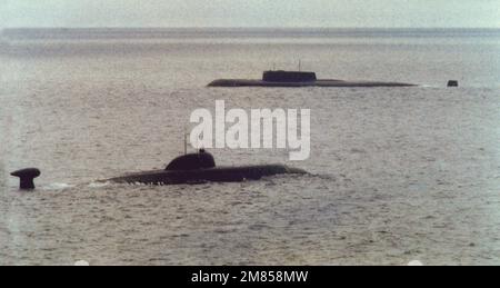A starboard quarter view of a Soviet Victor III class nuclear-powered ...