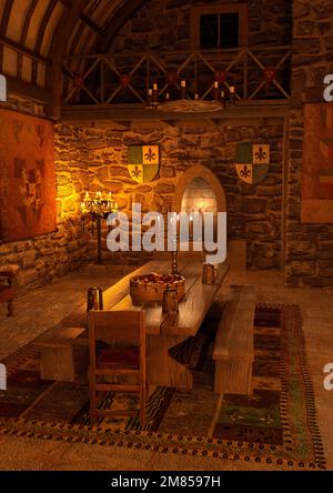 3D rendering of a medieval dining hall interior Stock Photo - Alamy