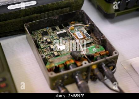 A close-up of the circuit diagram of a Russian military radio device ...