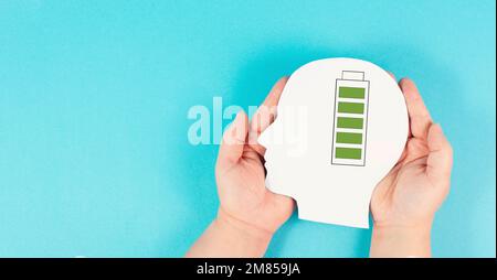 Full loaded battery, positive thinking and mental health concept, brain ...