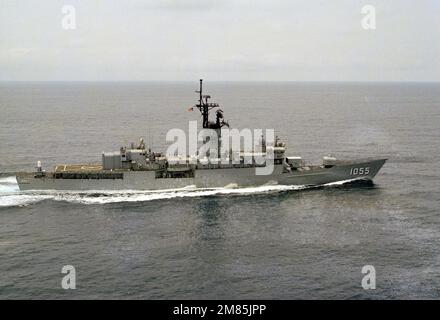 A starboard beam view of the frigate USS COOK (FF-1083) underway with ...