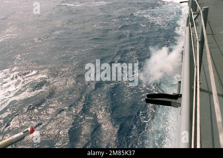 A Mark 46 torpedo is launched from the destroyer USS STUMP (DD-978 ...