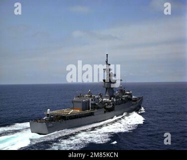 Port quarter view of Knox class frigate USS WHIPPLE (FF 1062) moored at ...