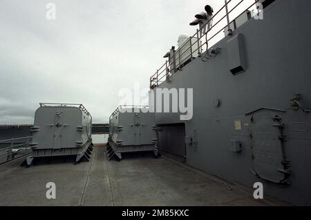 The forward armored box launcher deck of the battleship USS IOWA (BB-61 ...
