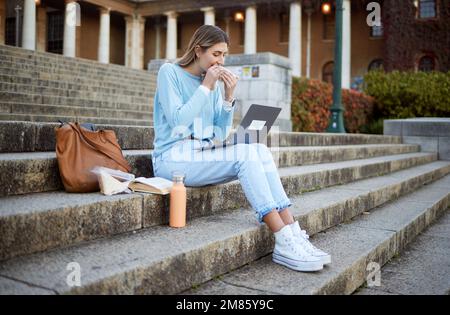 College, study and food with woman and laptop for education, lunch ...