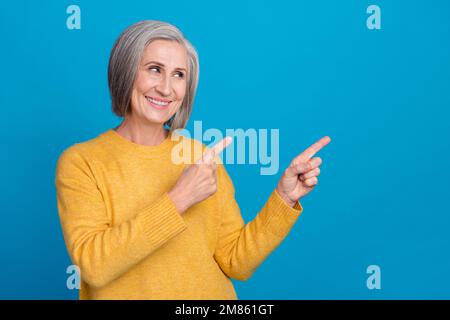 Photo portrait of stunning grandma look raise arms impressed good news ...