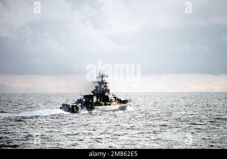 A port quarter view of the Soviet Krivak II class guided missile ...