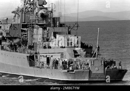 A port quarter view of the Soviet Krivak II class guided missile ...