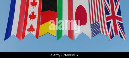 G7 summit. flags of members of G7 group of seven and list of countries ...