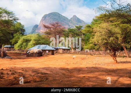 Traditional masai manyatta house at the foothills of Ndoto Mountains in ...