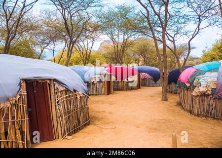 Traditional masai manyatta house at the foothills of Ndoto Mountains in ...