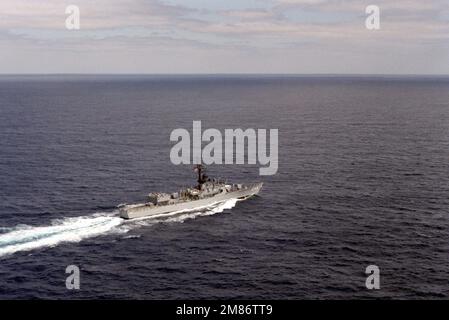 An elevated starboard quarter view of the frigate USS EDWARD MCDONNELL ...