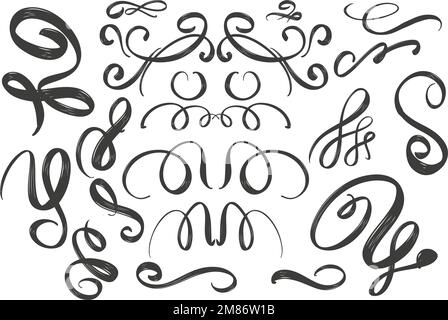 collection of abstract curlicues, isolated strokes on a white ...