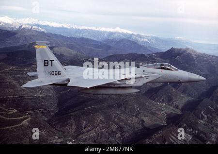 A 53rd Fighter Squadron F-15C Eagle aircraft stands in front of a ...