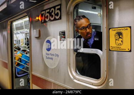 A New York City subway conductor looking out from train crew's cab when ...