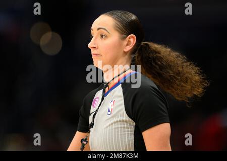 NBA referee Ashley Moyer-Gleich (13) looks on before an NBA basketball ...