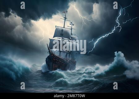 A medieval ship battles a fierce storm at sea, with waves crashing and ...