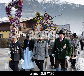 AUSTRIA, GASTEIN - January 1, 2023: Commander and musicians in the ...