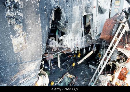 A close-up view of damage to the guided missile frigate USS STARK (FFG ...