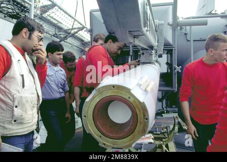 A Mark 29 box launcher for RIM-7 Sea Sparrow missiles aboard the ...