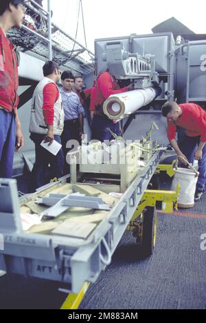 A Mark 29 box launcher for RIM-7 Sea Sparrow missiles aboard the ...