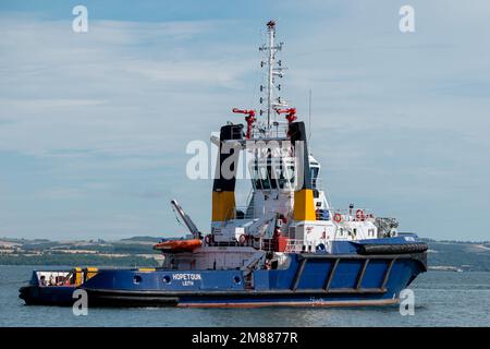 The Hopetoun tug boat moored in the Firth of Forth for the Hound Point ...