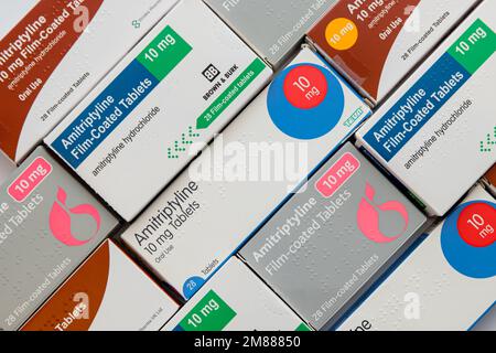 A box of 10mg Amitriptyline tablets - a tricyclic antidepressant ...
