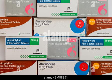 A box of 10mg Amitriptyline tablets - a tricyclic antidepressant ...
