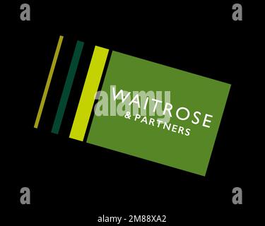Waitrose & Partners, rotated logo, black background Stock Photo - Alamy