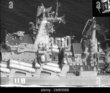 A partial aerial port side view of the Soviet Slava class guided ...