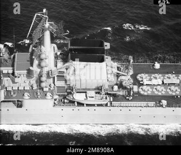 A partial aerial port side view of the Soviet Slava class guided ...