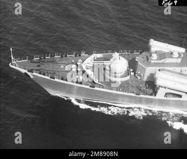 A partial aerial port side view of the Soviet Slava class guided ...