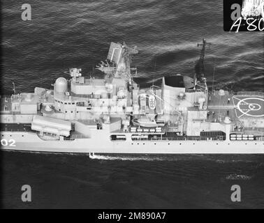 A port side amidships view of the Soviet Kresta II class guided missile ...