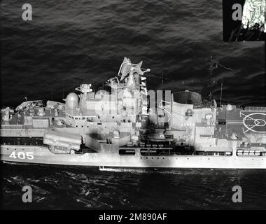 A port side amidships view of the Soviet Kresta II class guided missile ...
