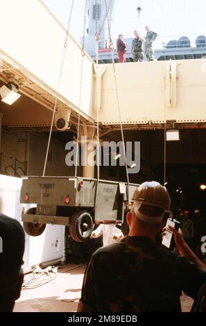 Equipment is lowered into a cargo hold aboard the aviation logistic ...