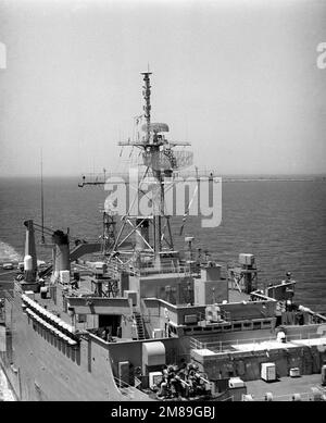 A close-up amidships view from off the port bow of the amphibious ...