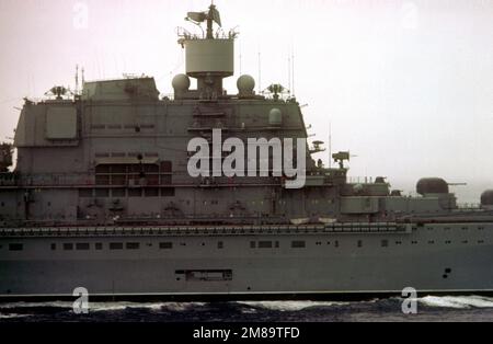 A view of the superstructure and radar equipment aboard the Soviet Kiev ...