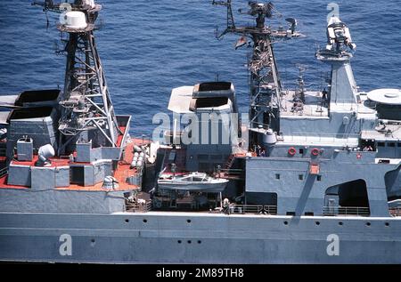 A starboard amidships view of the Soviet Udaloy class guided missile ...