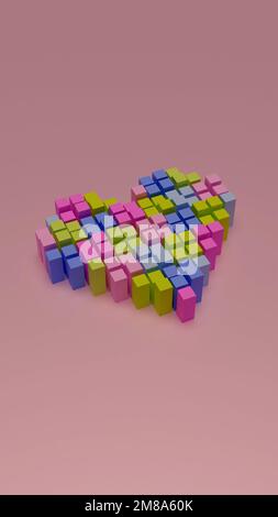 Geometric heart divided in pixel blocks over pink background Stock ...